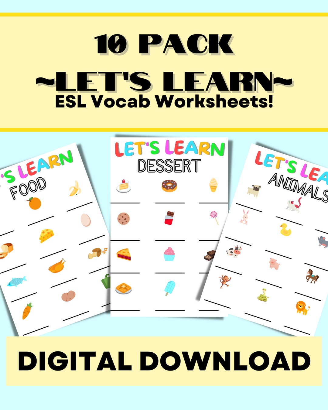 ESL Vocab Worksheets Digital Downloads PDF & PNG (cute Designs) Print ...