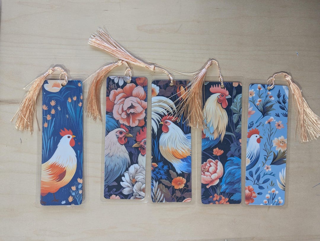 Bookmark, Hen Rooster Floral Design, Laminated, White Cardstock, 5 ...