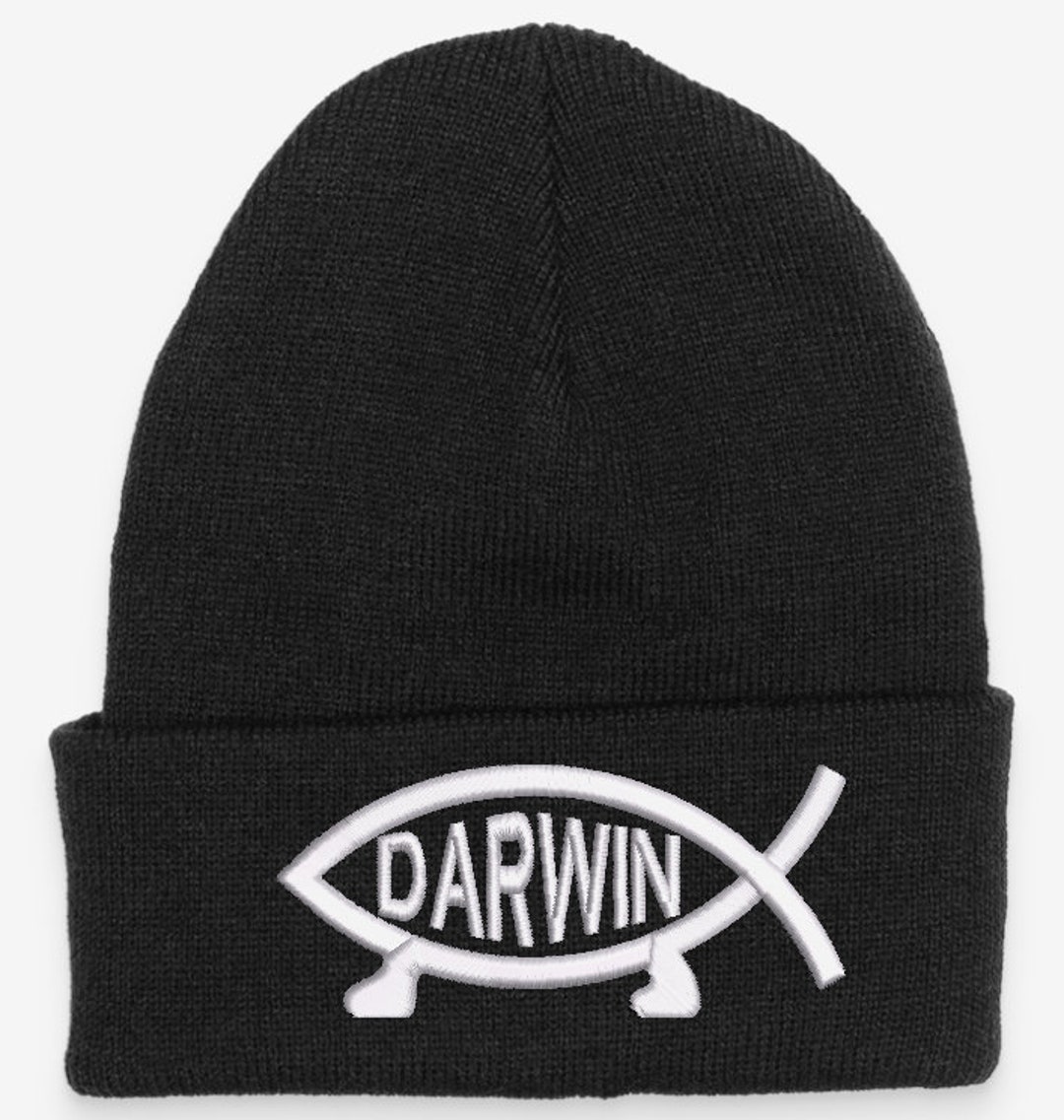 Darwin Fish Logo Embroidered Black Beanie Hat - Etsy