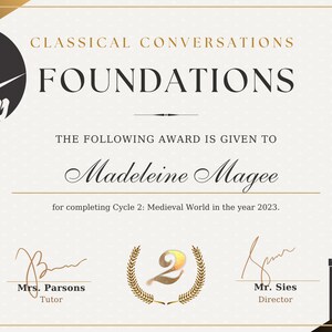 Classical Conversations FOUNDATIONS Certificates BUNDLE, CC Cycle 2 ...