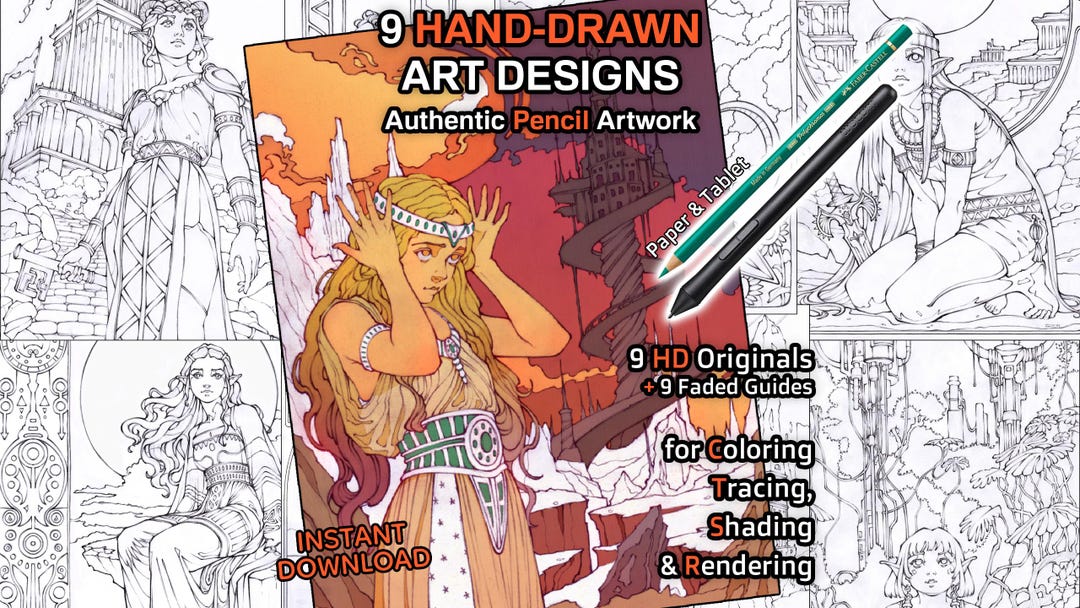 Hand-drawn Line Art Designs: Coloring, Tracing, Shading Pack (digital ...