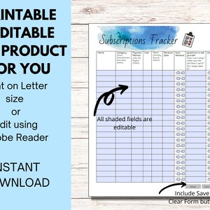 Editable Subscription Tracker | Expenses Tracker | Printable| 4 Colour ...