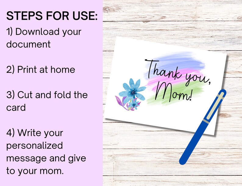 Card for Mom, Thank You Mom Card, 5x7 Folded Card | Printable PDF - Etsy
