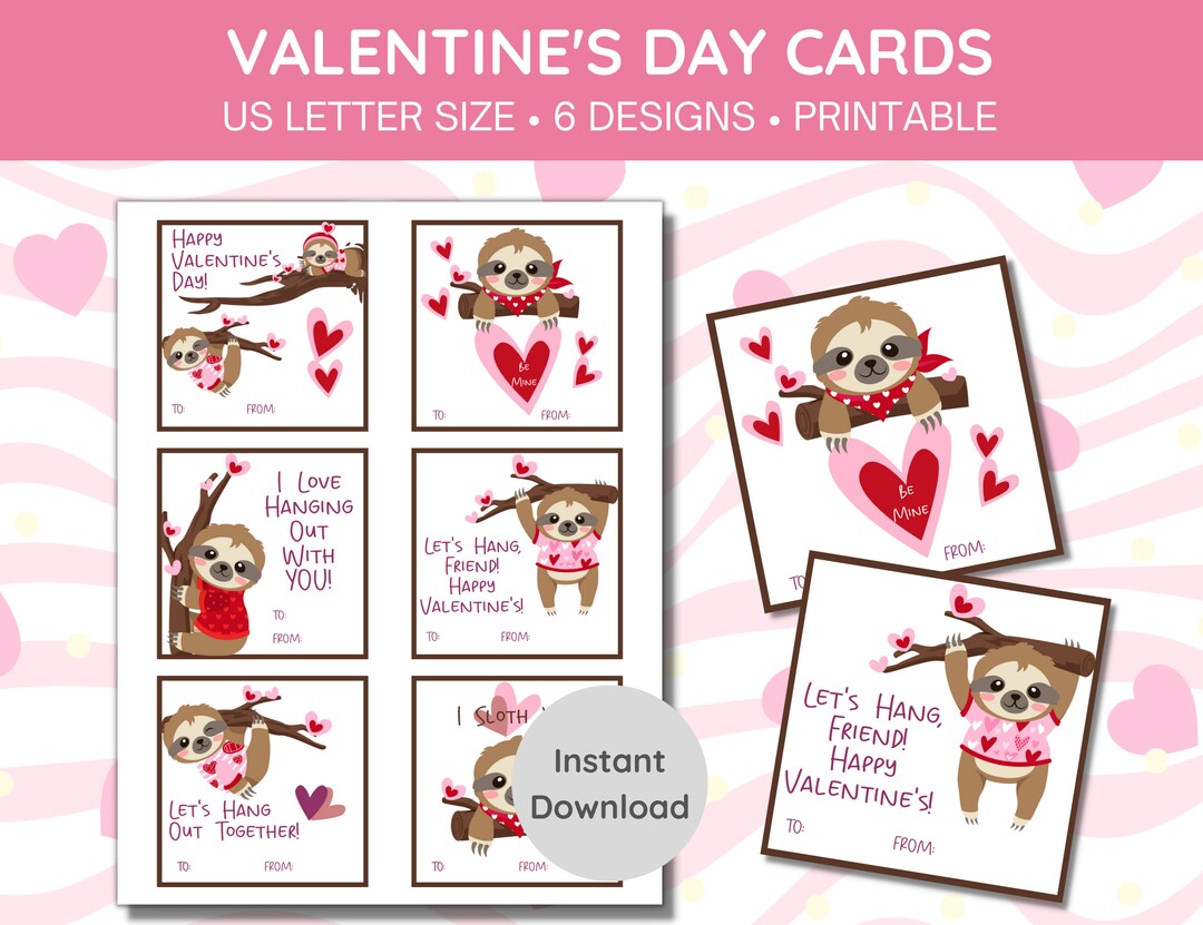 Cute Sloths Valentine's Day Cards for School, Daycare, Kids | Printable ...