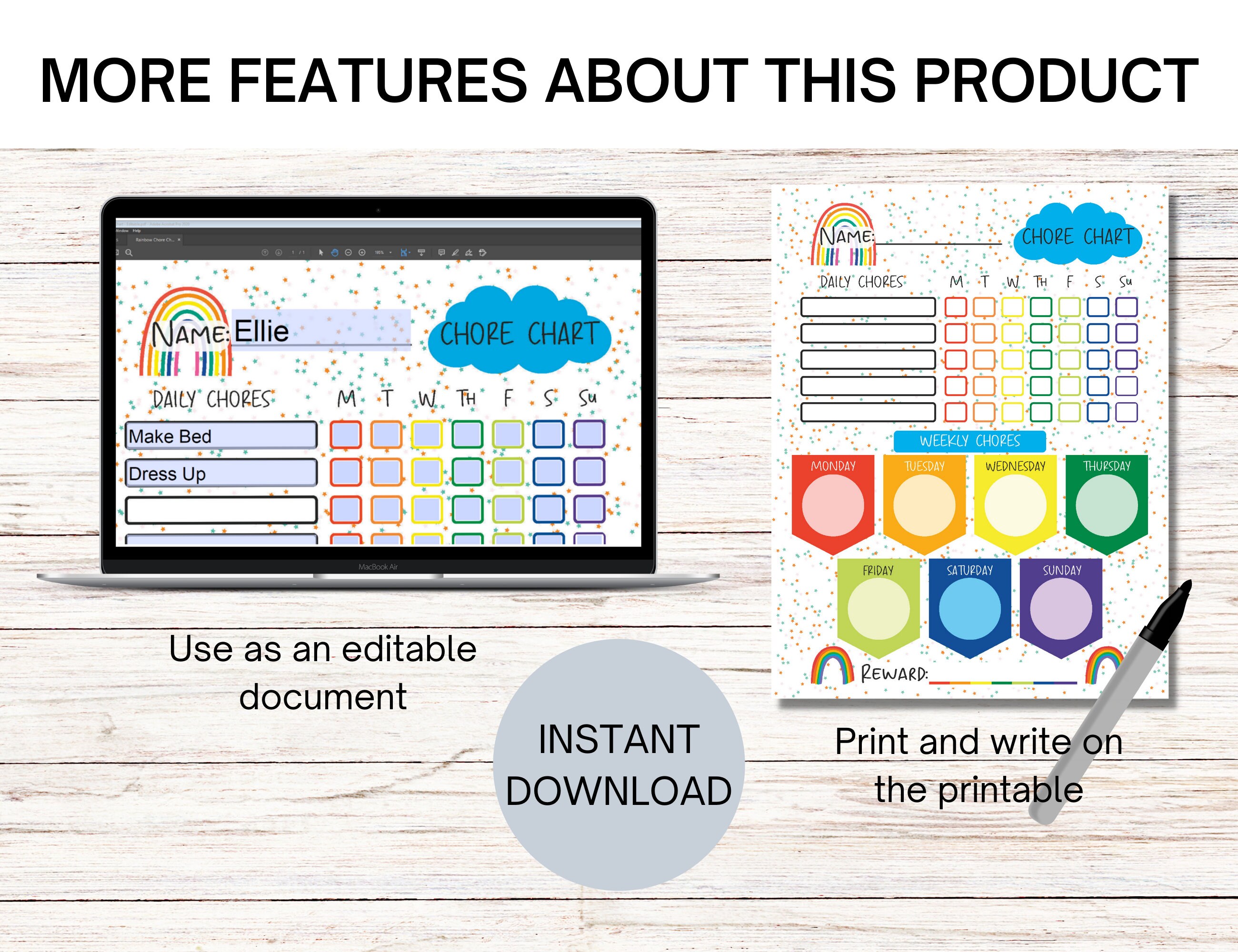 Rainbow Chores Chart for Kids, Editable Kids Weekly Chores Chart, Daily ...