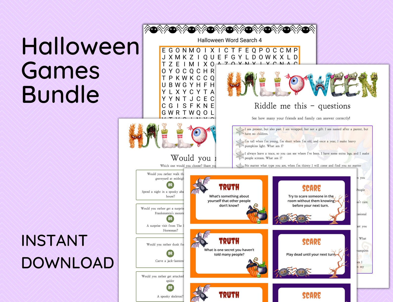 Halloween Games Bundle, Word Search, Riddle Me This, Truth or Scare ...