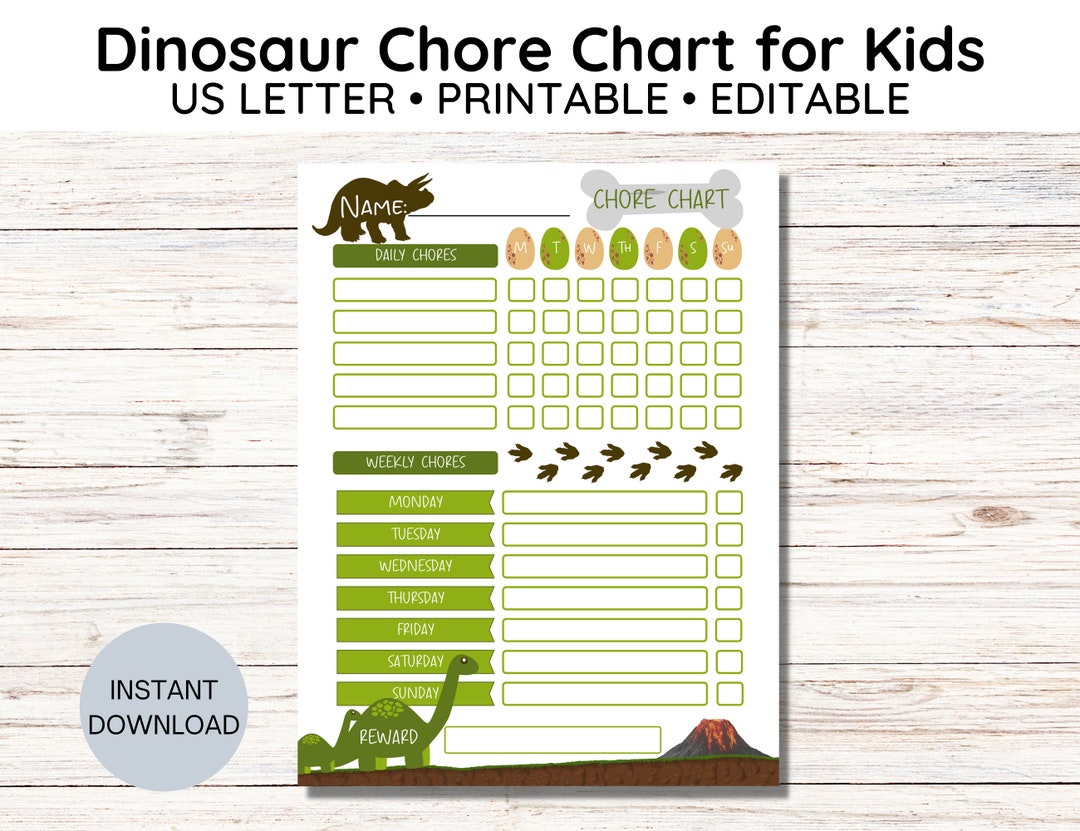 Dinosaur Chore Chart for Kids, Editable Chore Chart, Letter Size PDF - Etsy