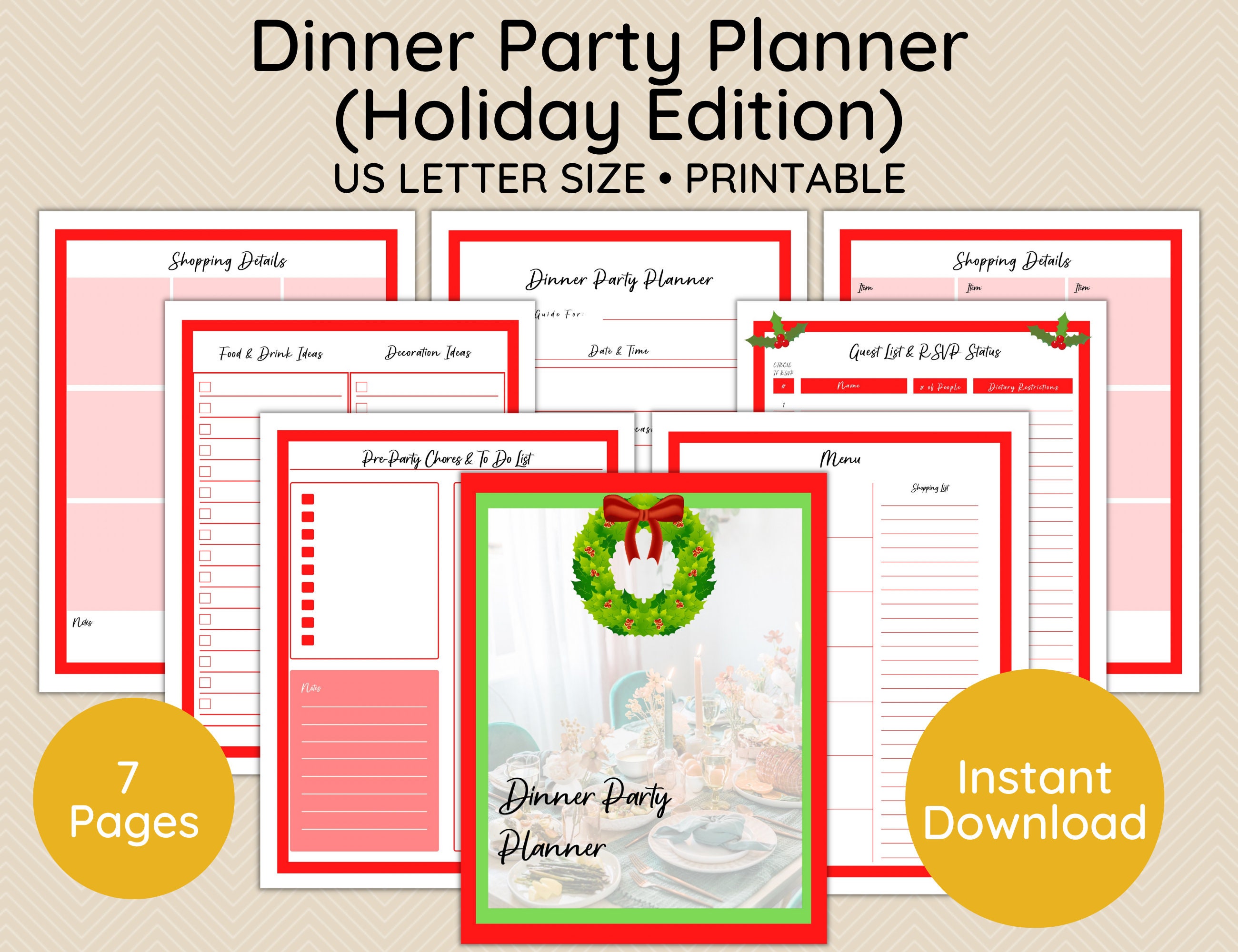 Dinner Party Planner Printable, Holiday Meal Planner Printable, Letter ...