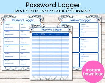 Password Tracker Fillable and Printable Password Organizer Password Log ...