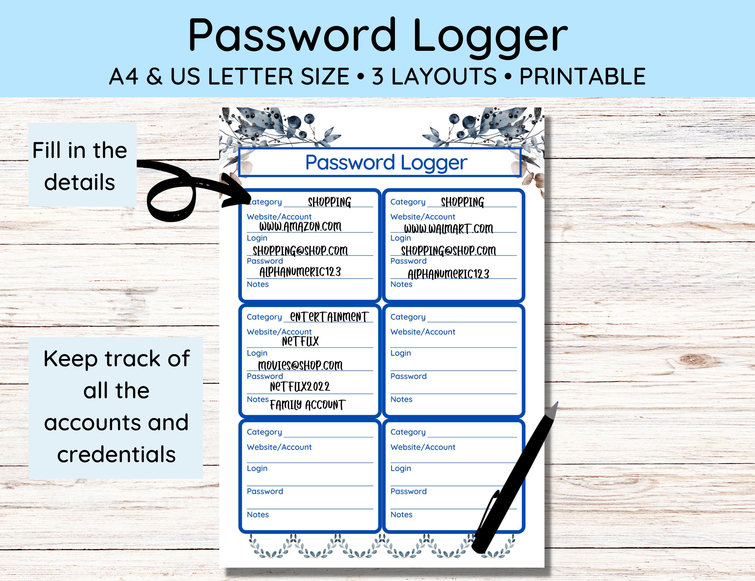 Password Log Printable Password Tracker Letter Size & A4 PDF - Etsy