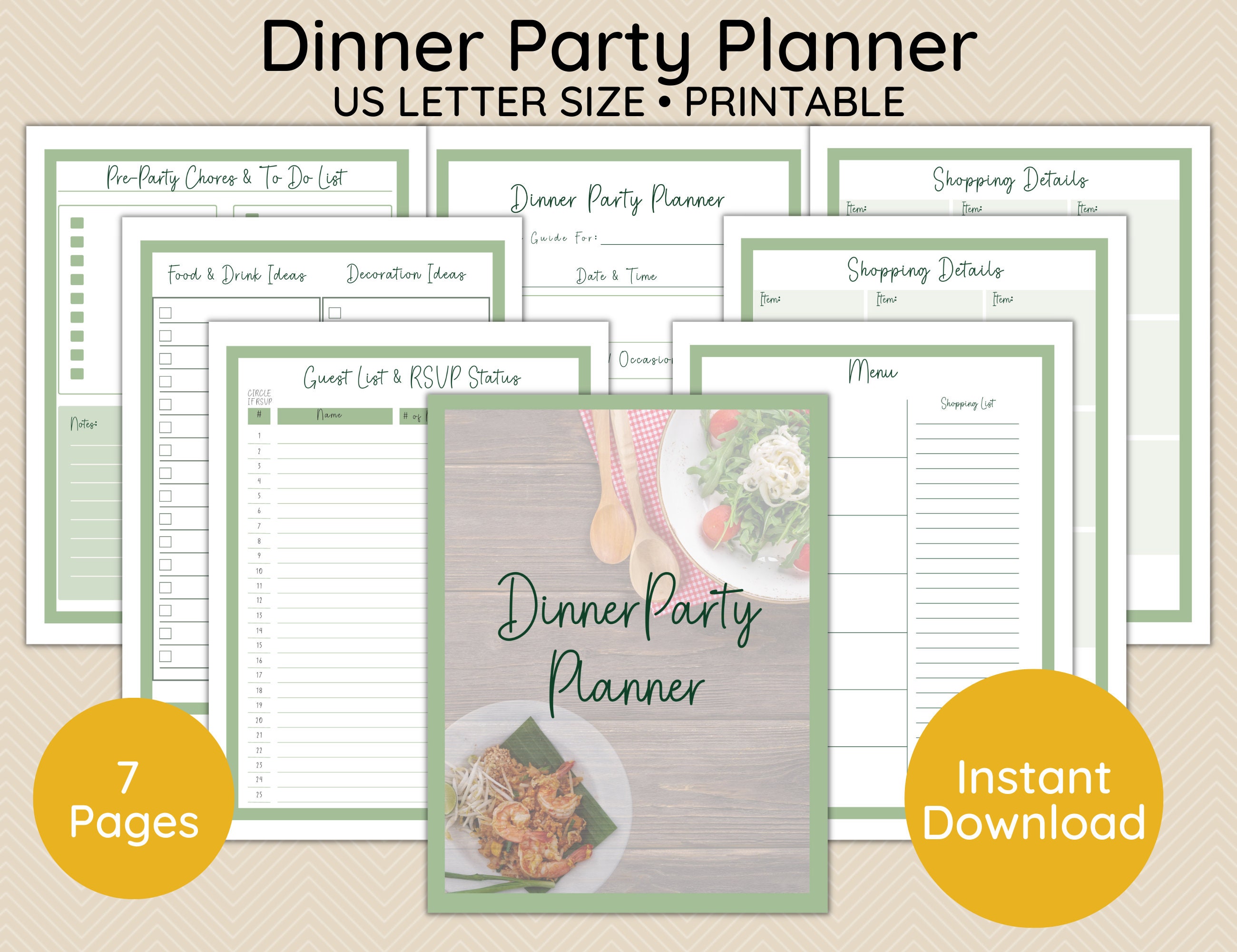 Dinner Party Planner Printable, Meal Planner Printable, Letter Size PDF ...