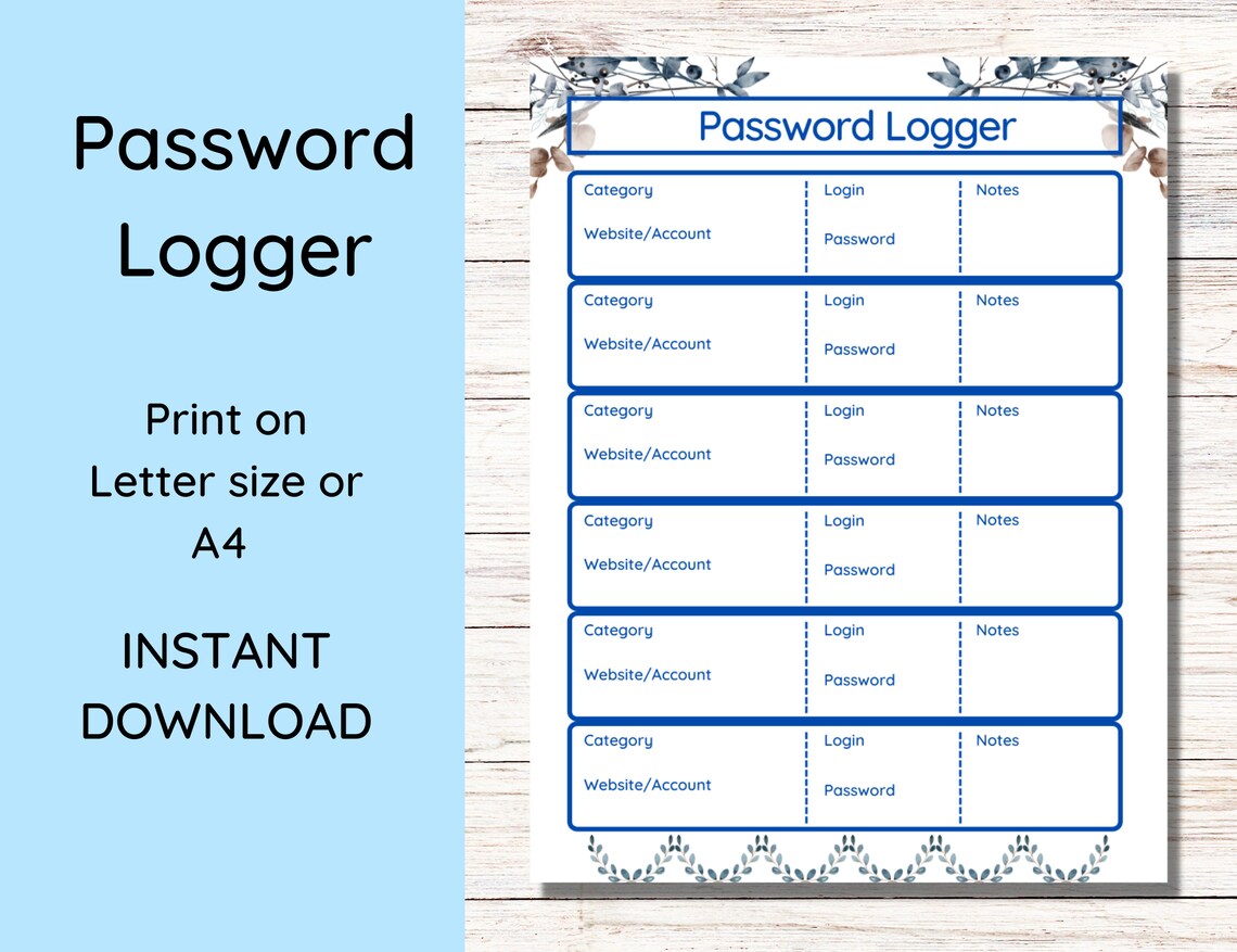 Password Log Printable Password Tracker Letter Size & A4 PDF - Etsy