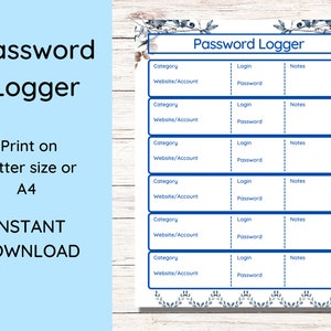 Password Log Printable, Password Tracker, Letter Size & A4 PDF - Etsy