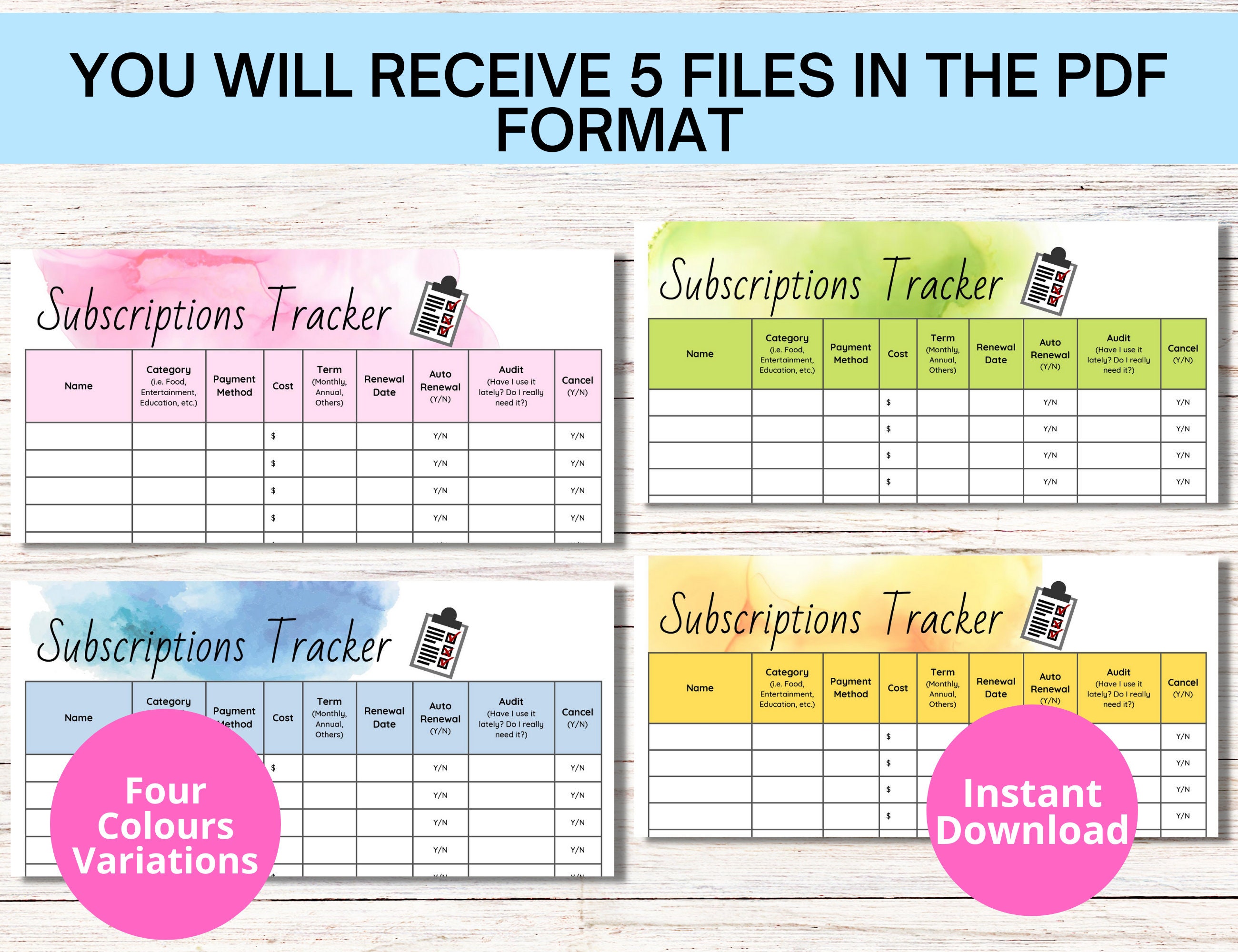 Editable Subscription Tracker | Expenses Tracker | Printable| 4 Colour ...