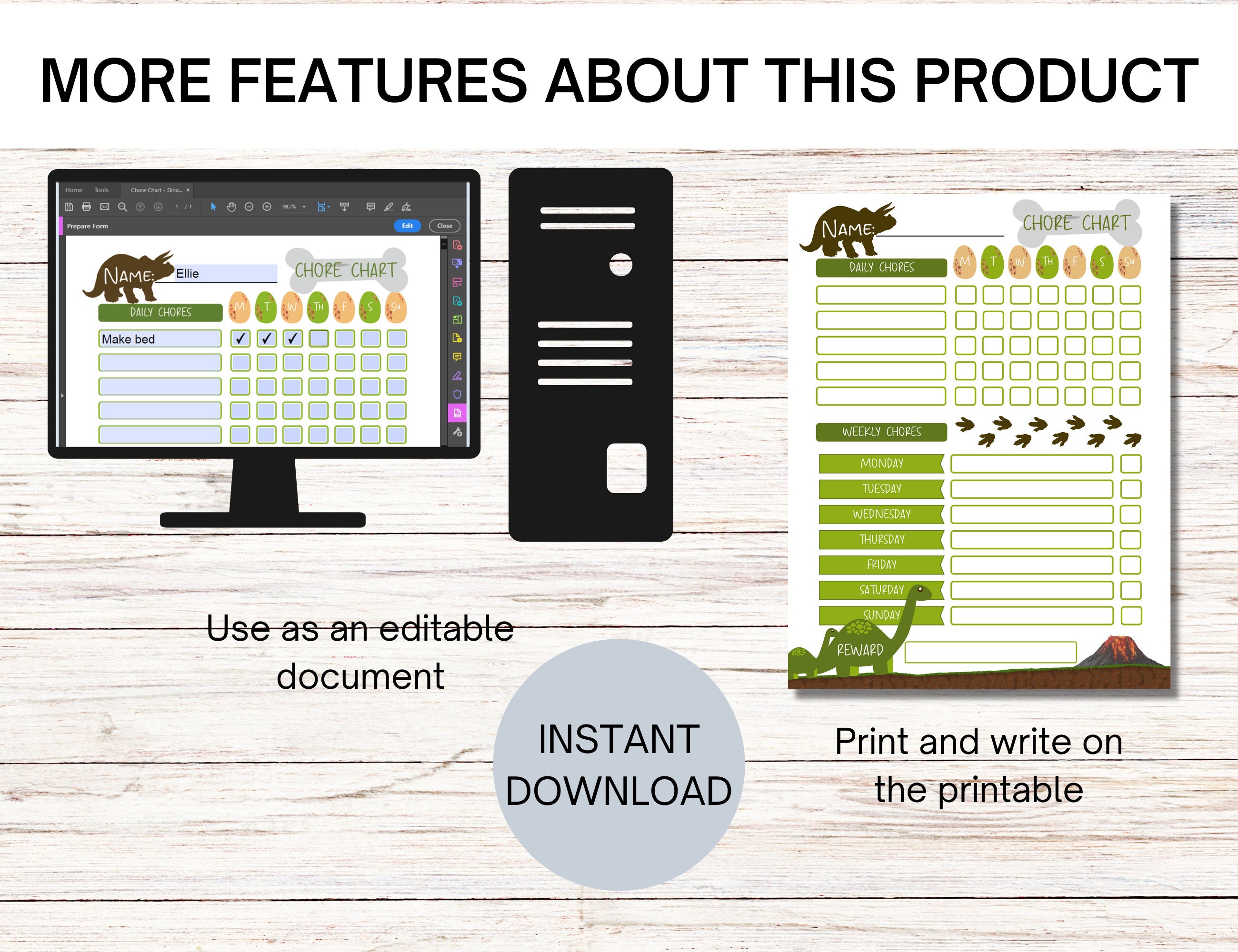 Dinosaur Chore Chart for Kids, Editable Chore Chart, Letter Size PDF - Etsy