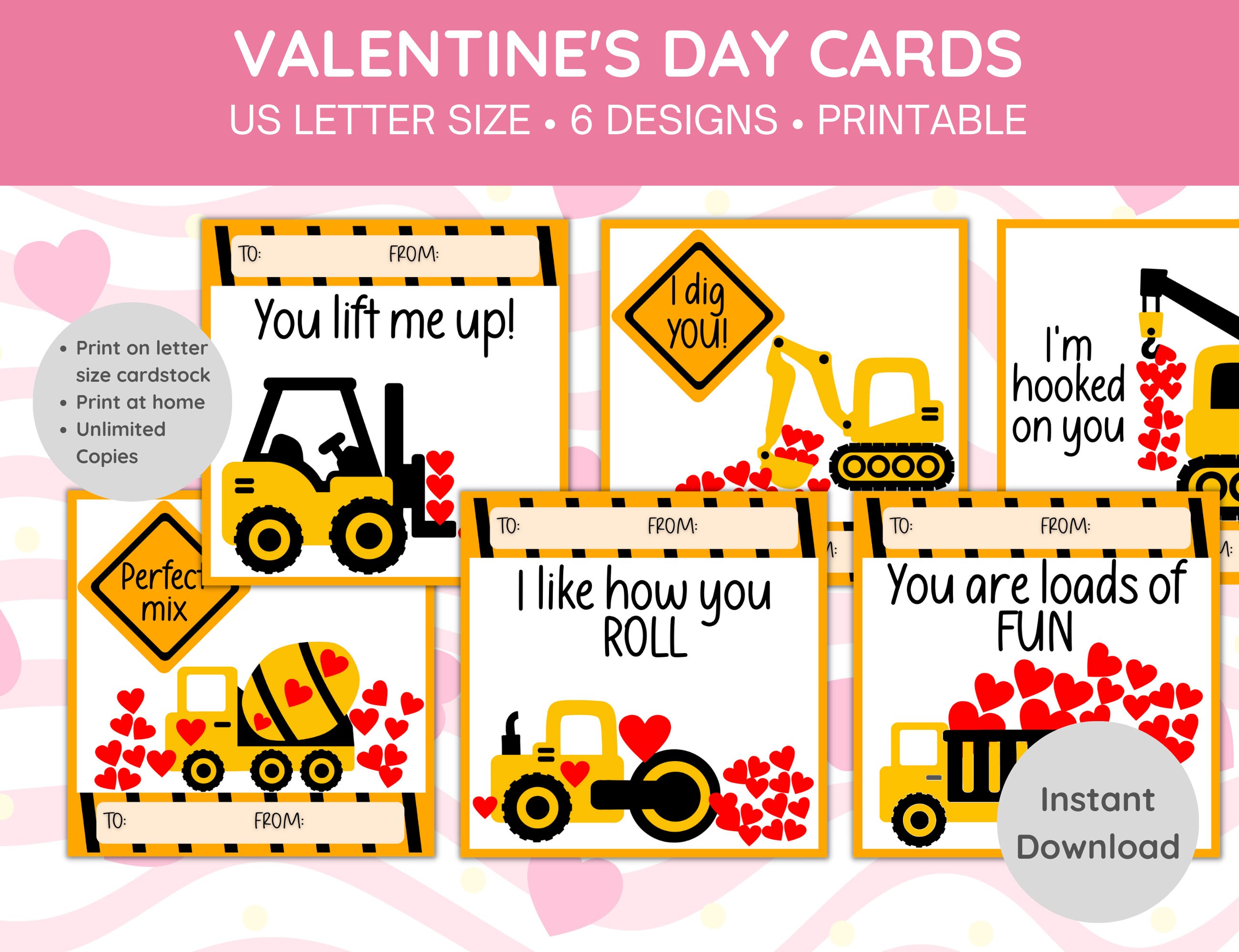 Construction Valentine's Cards for School, Daycare, Kids Printable PDF ...