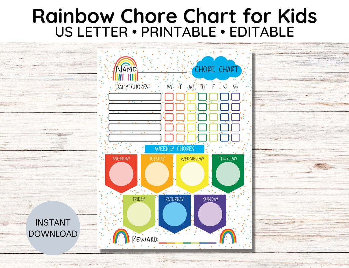 Rainbow Chores Chart for Kids, Editable Kids Weekly Chores Chart, Daily ...