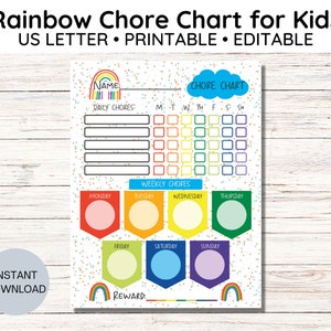 Rainbow Chores Chart for Kids, Editable Kids Weekly Chores Chart, Daily ...