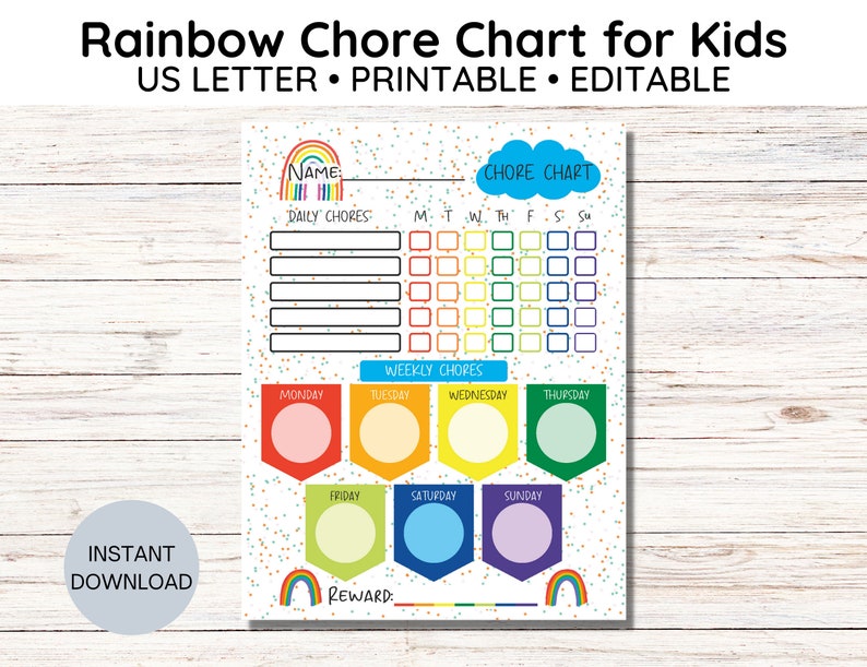 Rainbow Chores Chart for Kids, Editable Kids Weekly Chores Chart, Daily ...