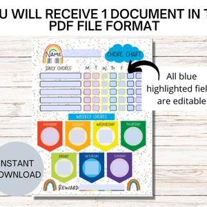 Rainbow Chores Chart for Kids, Editable Kids Weekly Chores Chart, Daily ...
