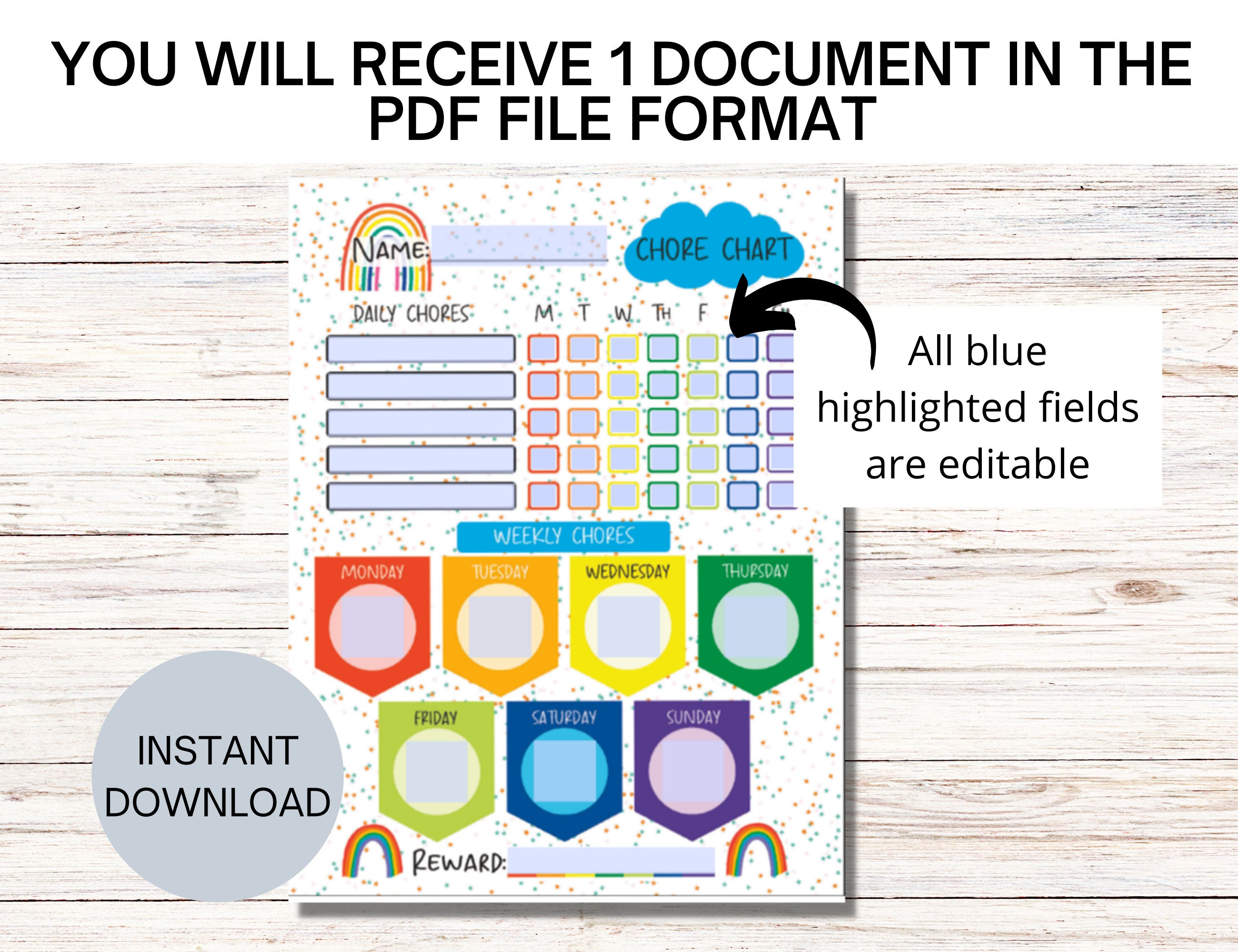 Rainbow Chores Chart for Kids, Editable Kids Weekly Chores Chart, Daily ...