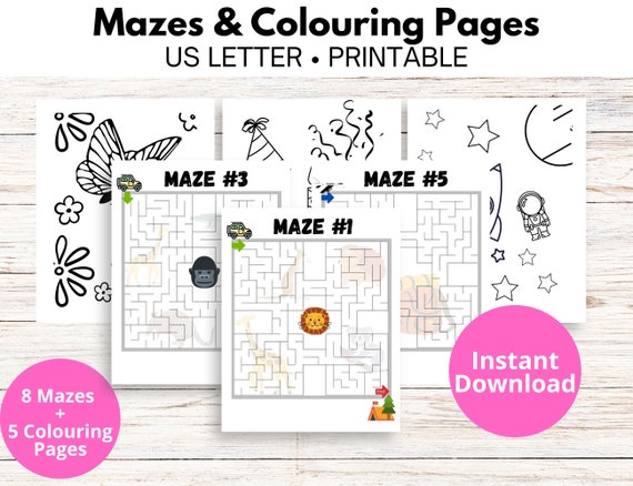 8 Fun Mazes and 5 Colouring Pages for Kids Printable PDF | Etsy