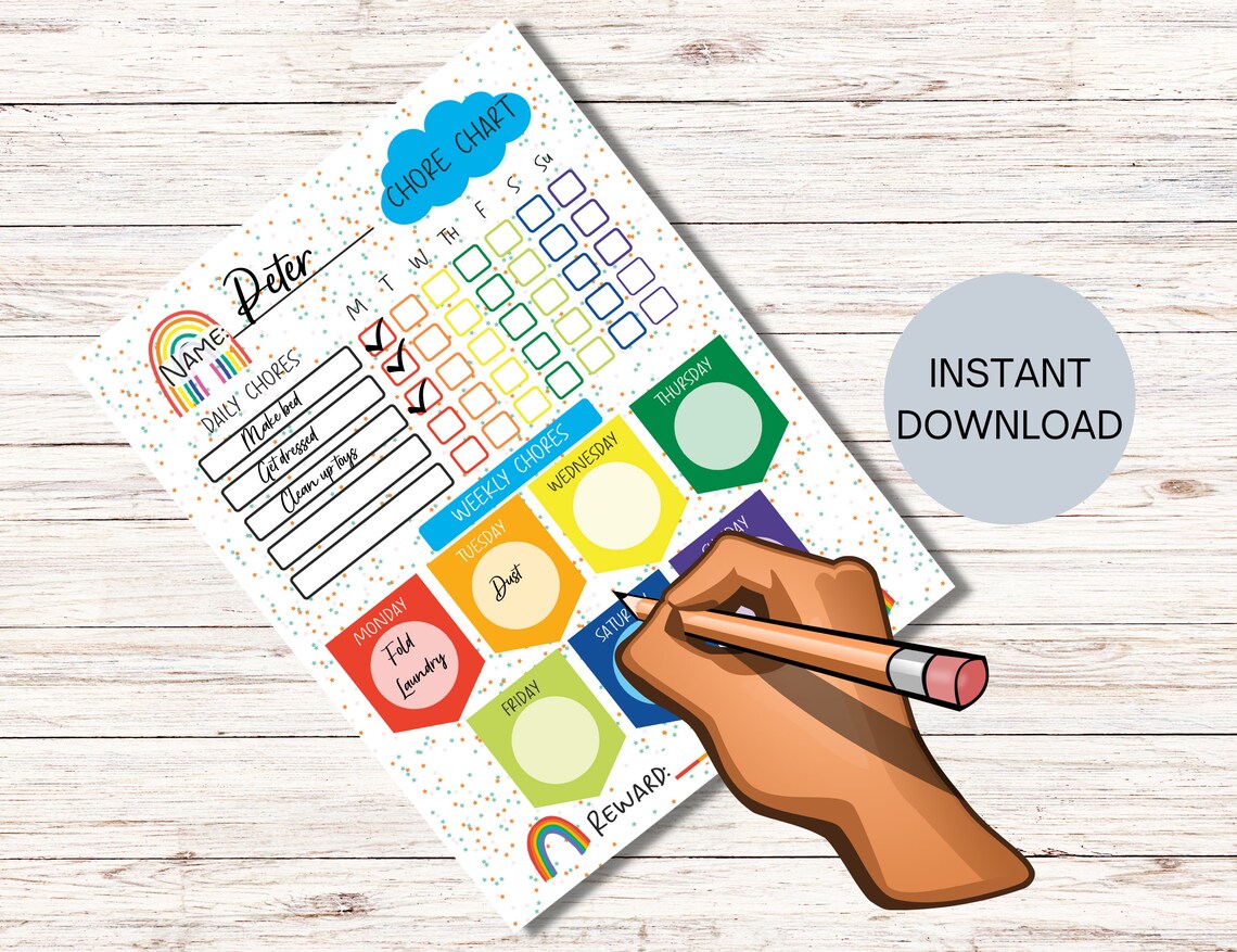 Rainbow Chores Chart for Kids, Editable Kids Weekly Chores Chart, Daily ...