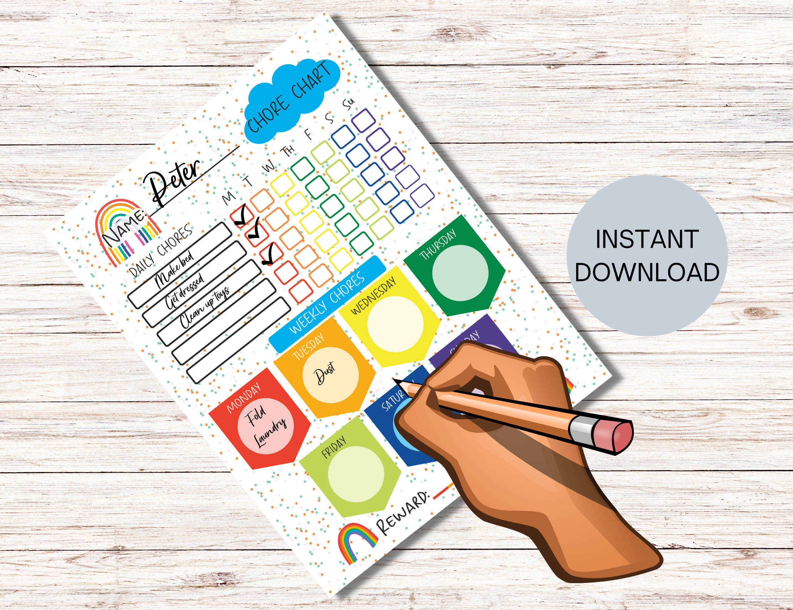 Rainbow Chores Chart for Kids, Editable Kids Weekly Chores Chart, Daily ...