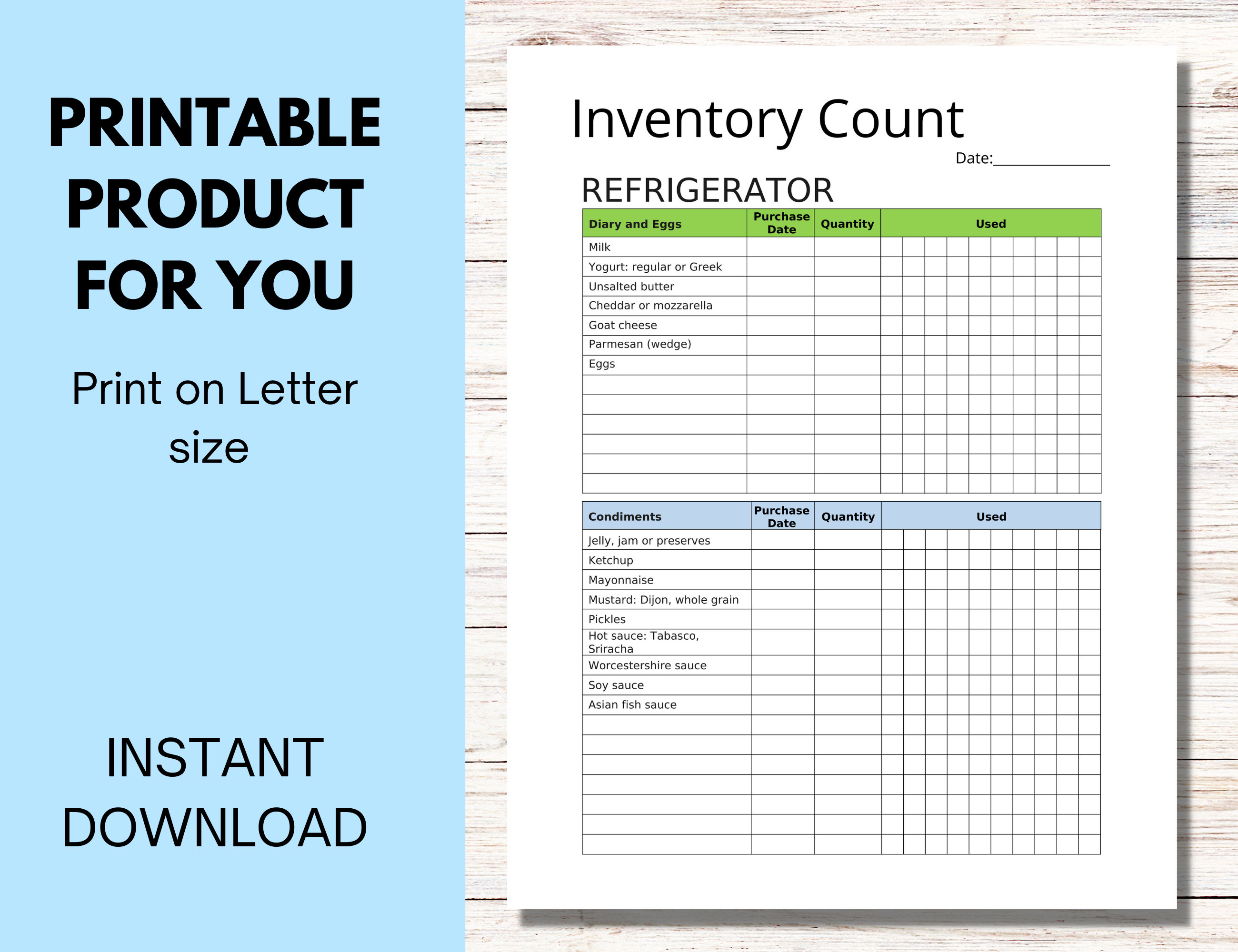 Fridge & Freezer Inventory Template Printable | Food Inventory | Letter ...