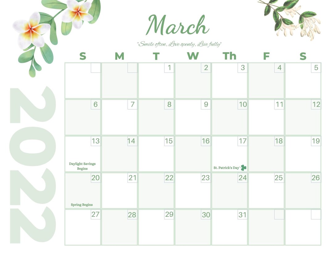 March 2022 Calendar, Printable Calendar - Etsy