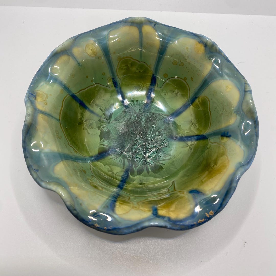 Edgecomb Potters Blue & Green Wavy Edge Crystalline Drip Glazed Bowl ...