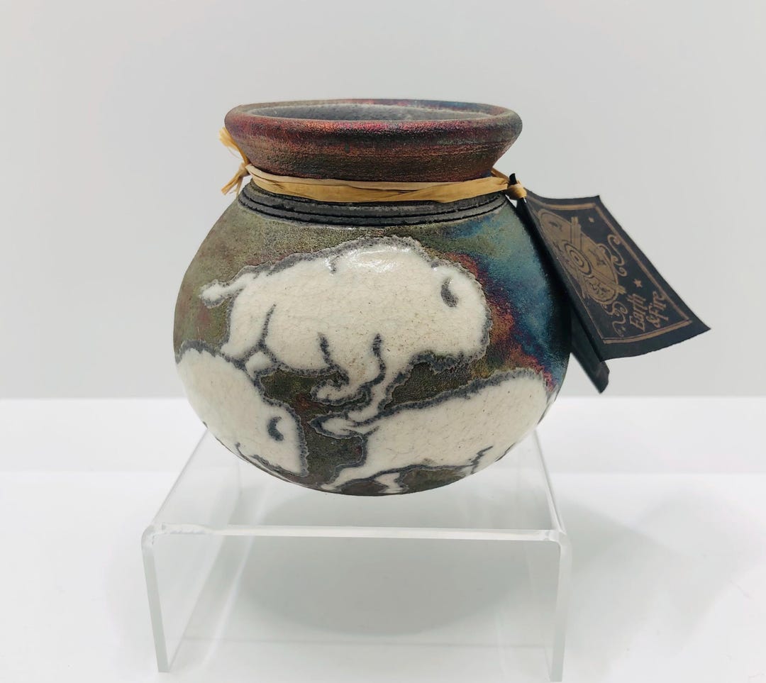 Vintage Raku Pottery Iridescent Vessel Vase Jar With 3 Running Buffalos ...