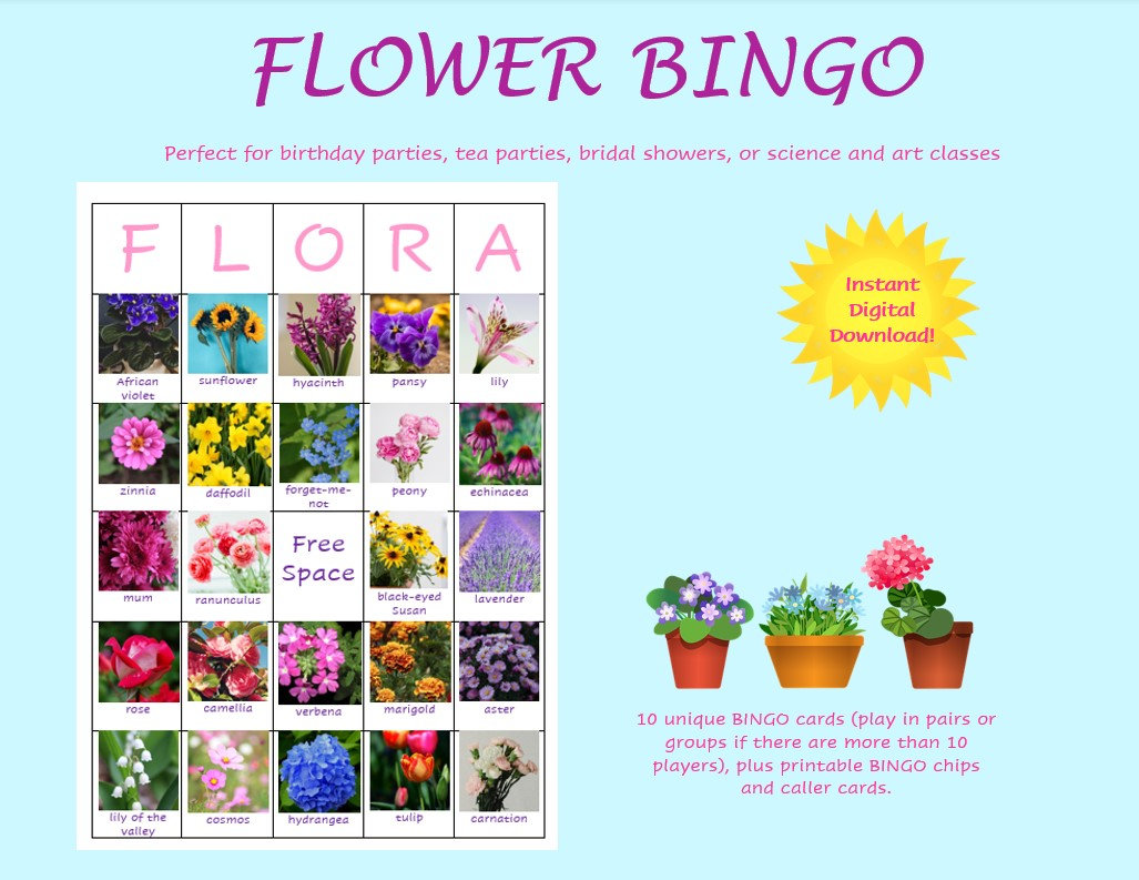 Flower BINGO - Fun Game for Tea Parties, Bridal Showers, Birthday ...