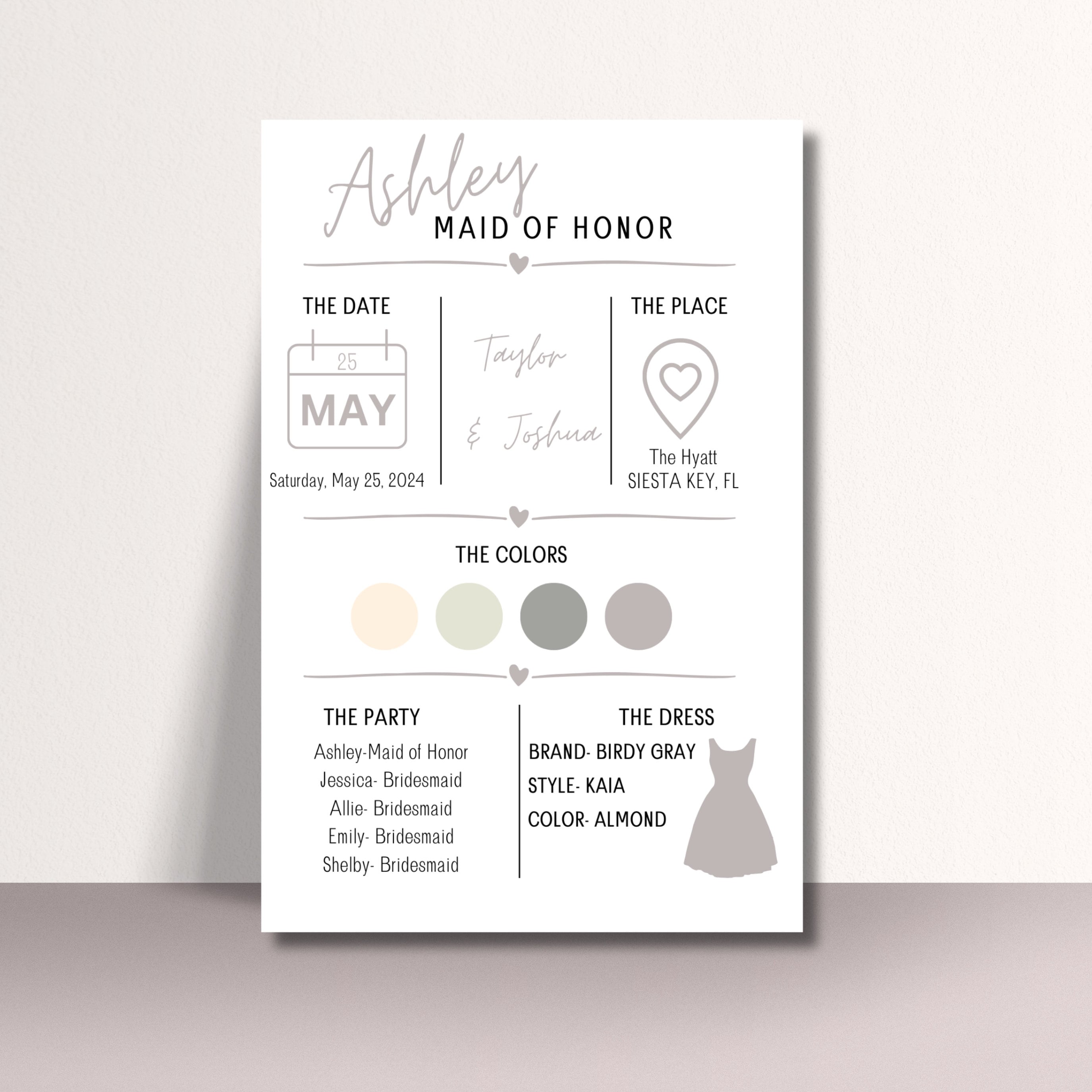 Wedding Information Sheet, Wedding Information for Bridesmaids, Wedding ...