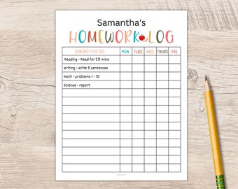Homework Log Printable | Homework Tracker for Kids | Printable Homework ...