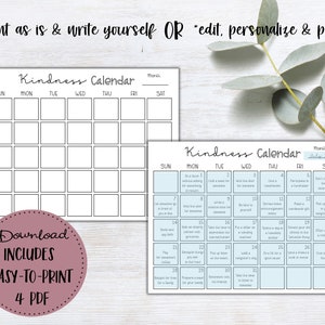 Random Acts of Kindness, Editable Kindness Calendar, Kindness Countdown ...