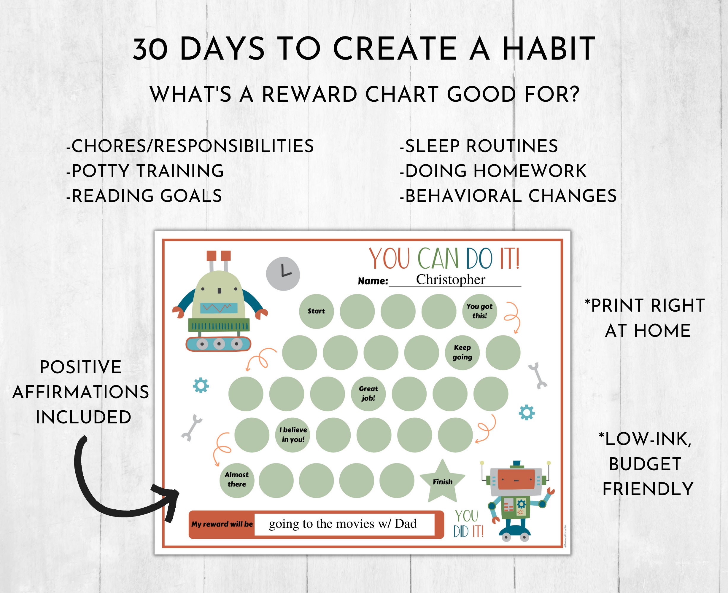 Reward Chart for Kids | Editable Reward Chart Robots | Responsibility ...