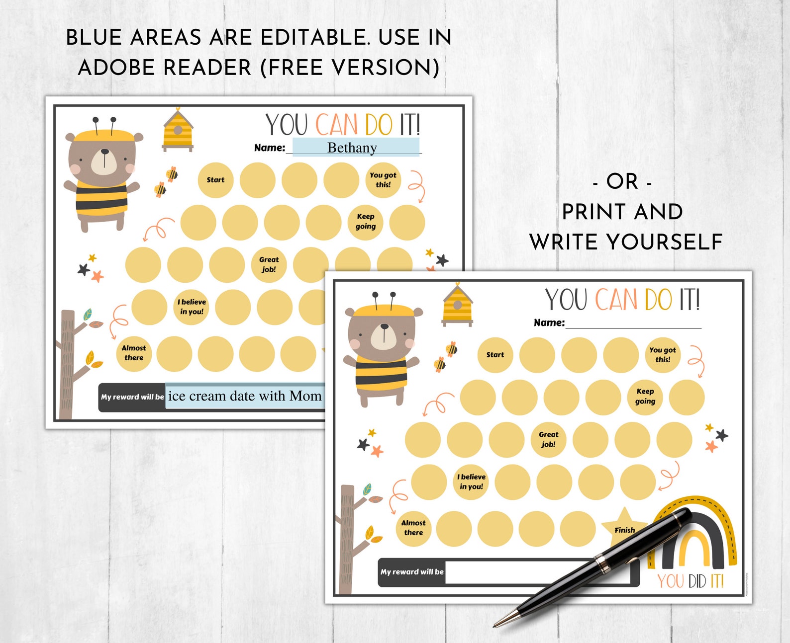 Reward Chart for Kids Editable Reward Chart Bear and Bees - Etsy