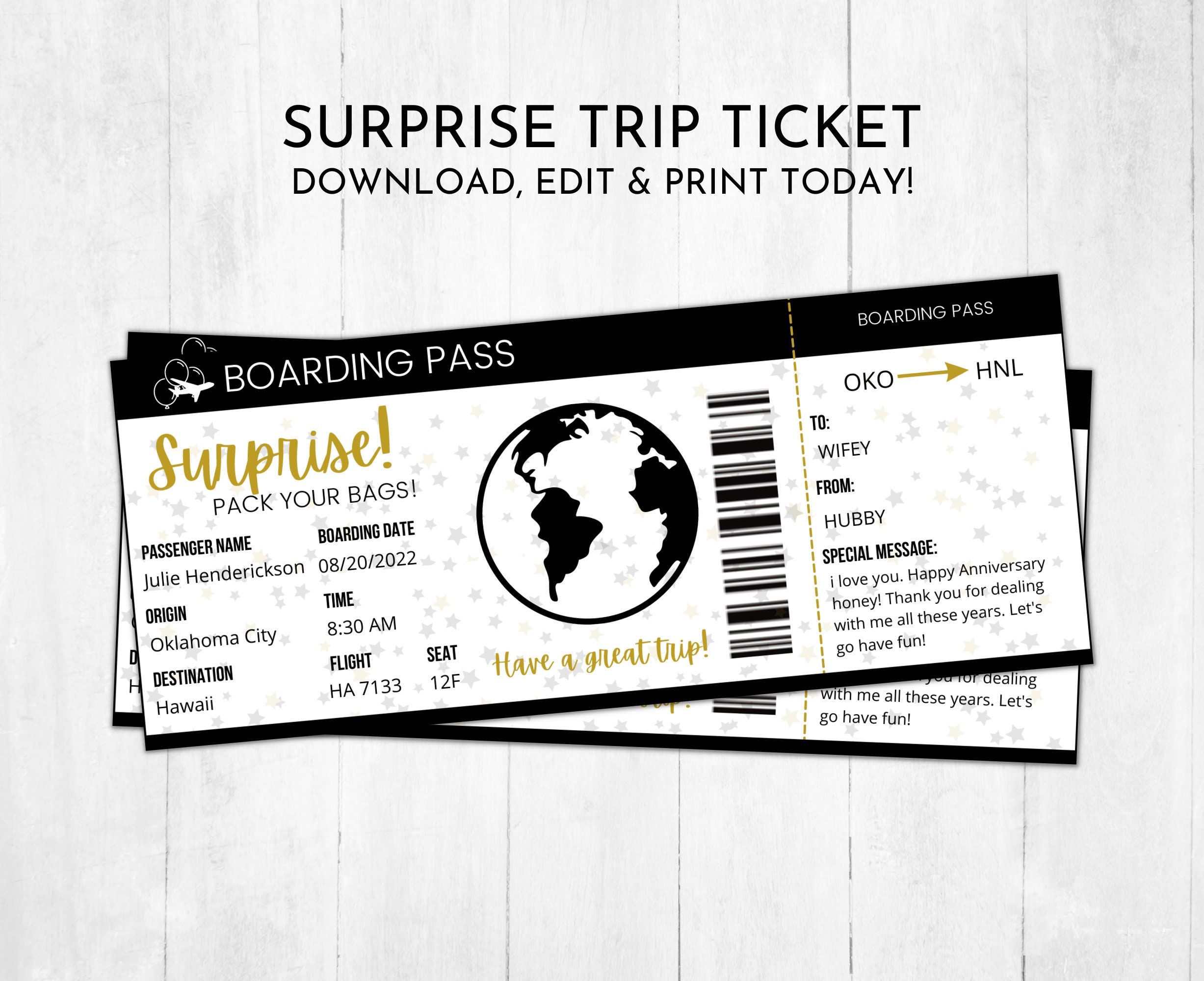 Printable Surprise Trip Ticket Custom Airplane Ticket Editable Flight ...
