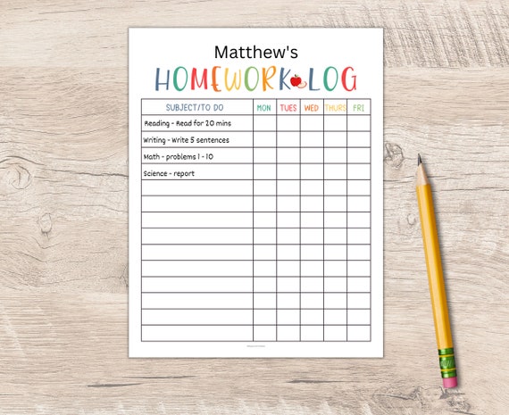Homework Log Printable Homework Tracker for Kids Printable - Etsy