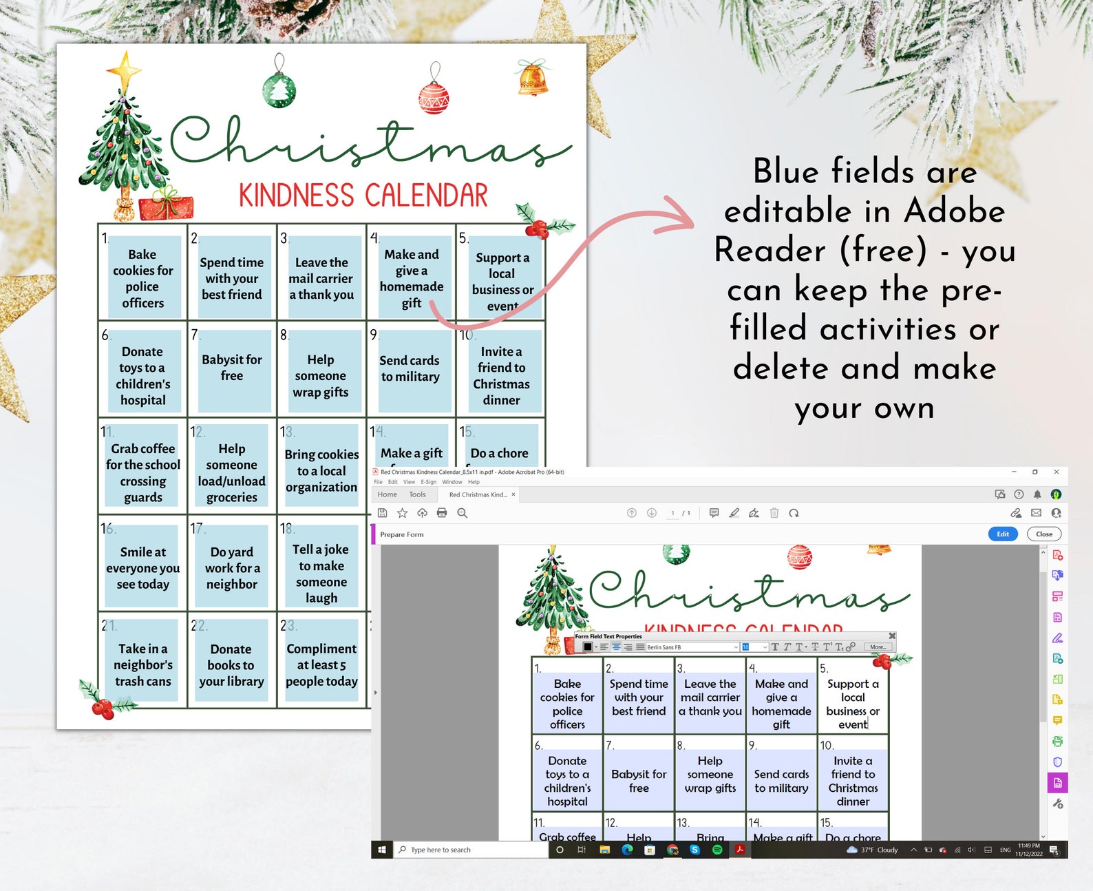 Christmas Acts of Kindness Calendar | Editable Christmas Holiday ...