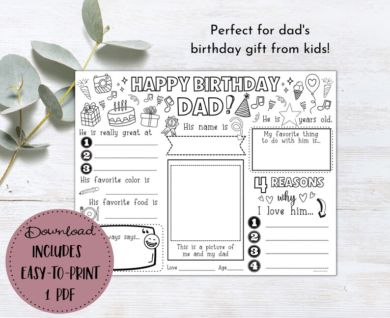Happy Birthday Dad Coloring Page Happy Birthday Dad Placemat - Etsy