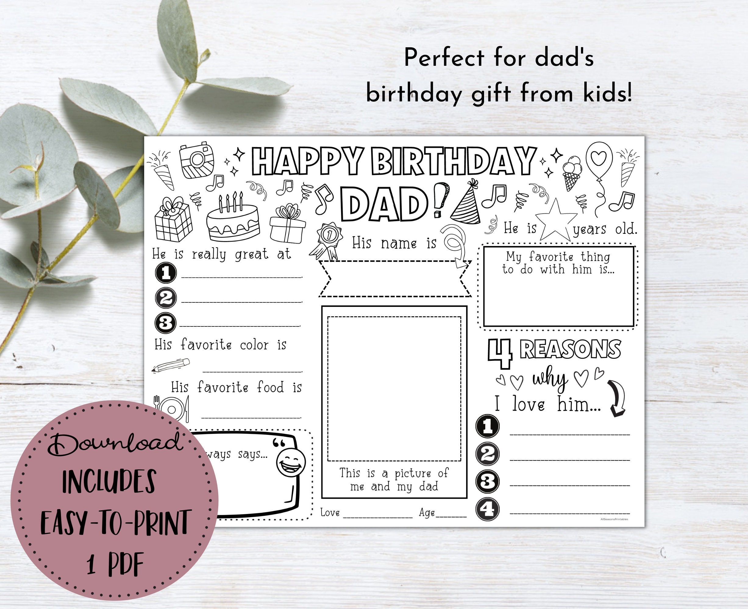 Happy Birthday Dad Coloring Page Happy Birthday Dad Placemat - Etsy ...