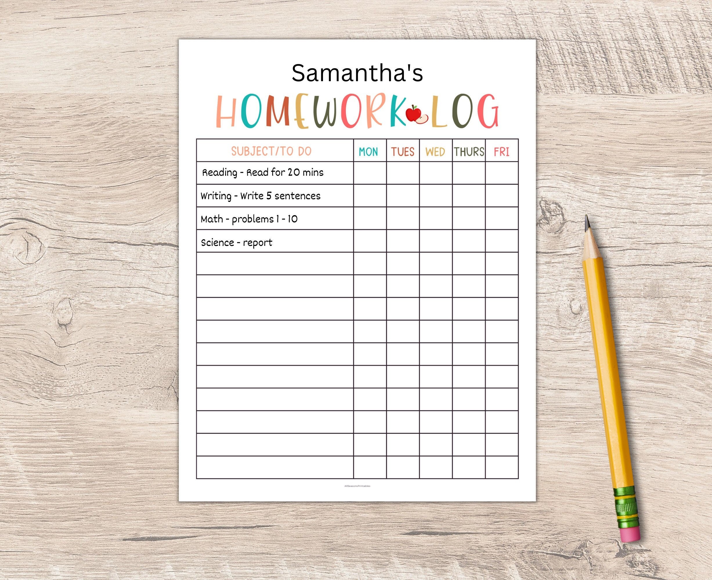 Homework Log Printable Homework Tracker for Kids Printable - Etsy