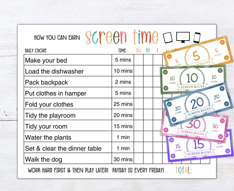 Editable Screen Time Checklist How to Earn Screen Time Chart - Etsy