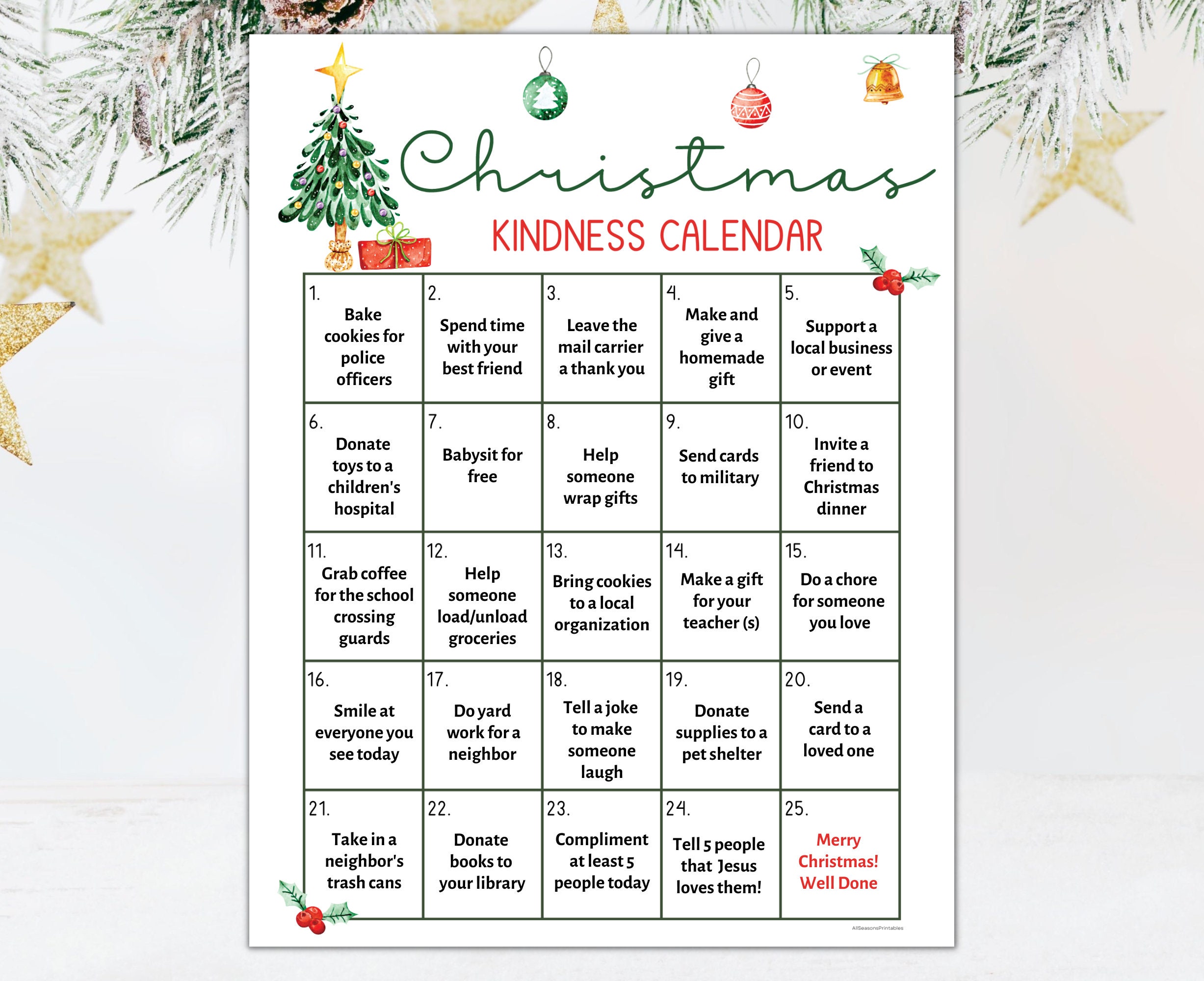 Christmas Acts of Kindness Calendar | Editable Christmas Holiday ...
