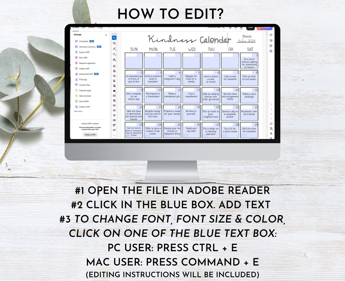Random Acts of Kindness, Editable Kindness Calendar, Kindness Countdown ...