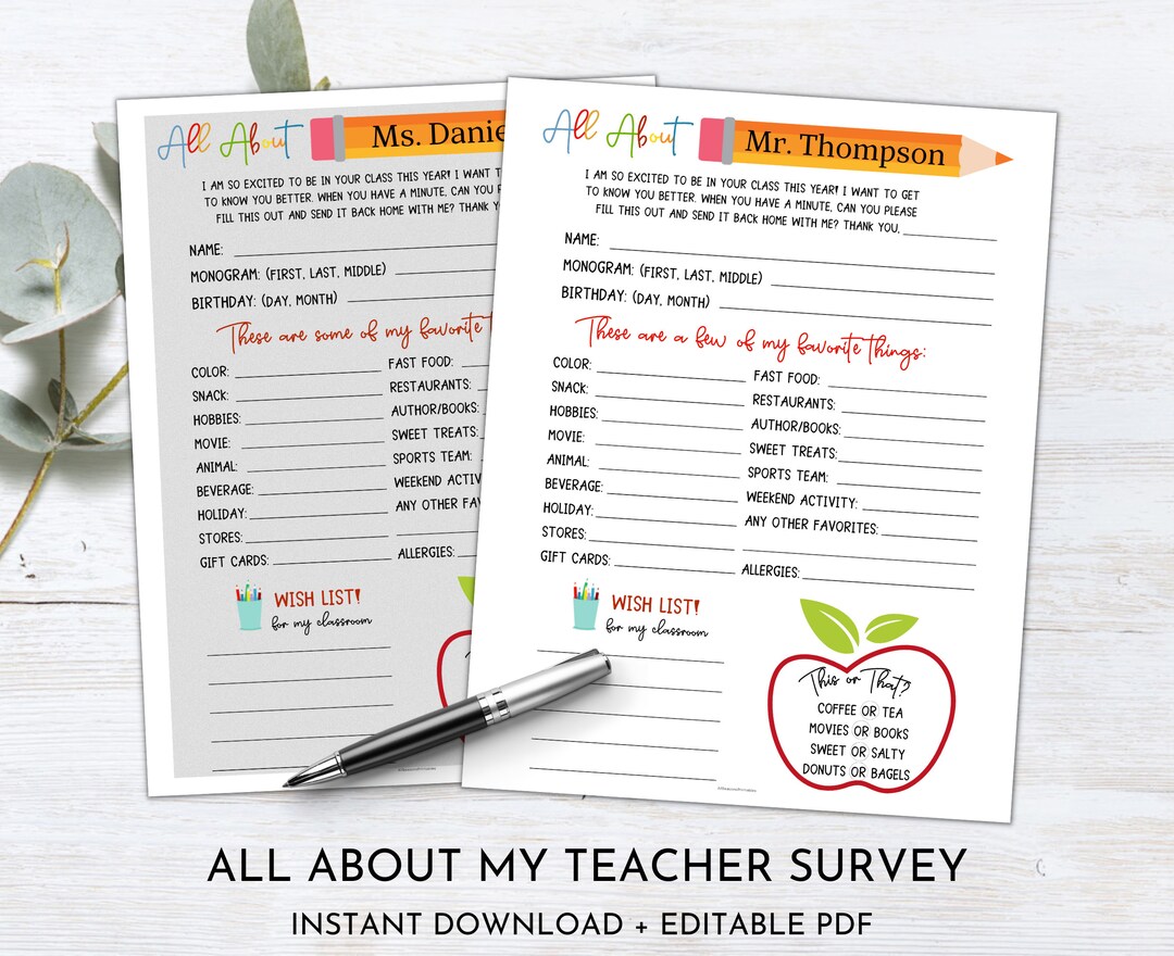 Teacher Survey | Teacher Favorites Survey | All About My Teacher ...
