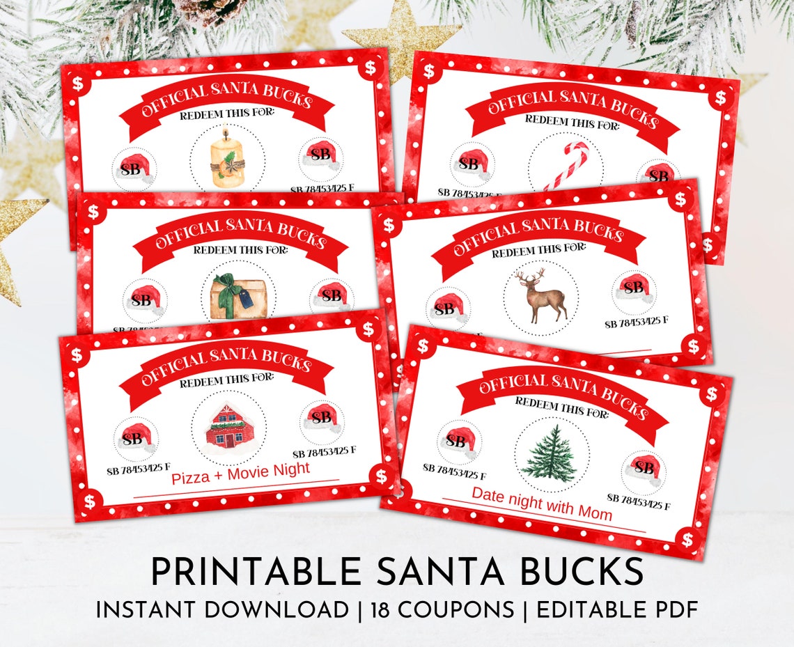 Editable Santa Bucks | Kids Christmas Coupons | Non Candy Stocking ...