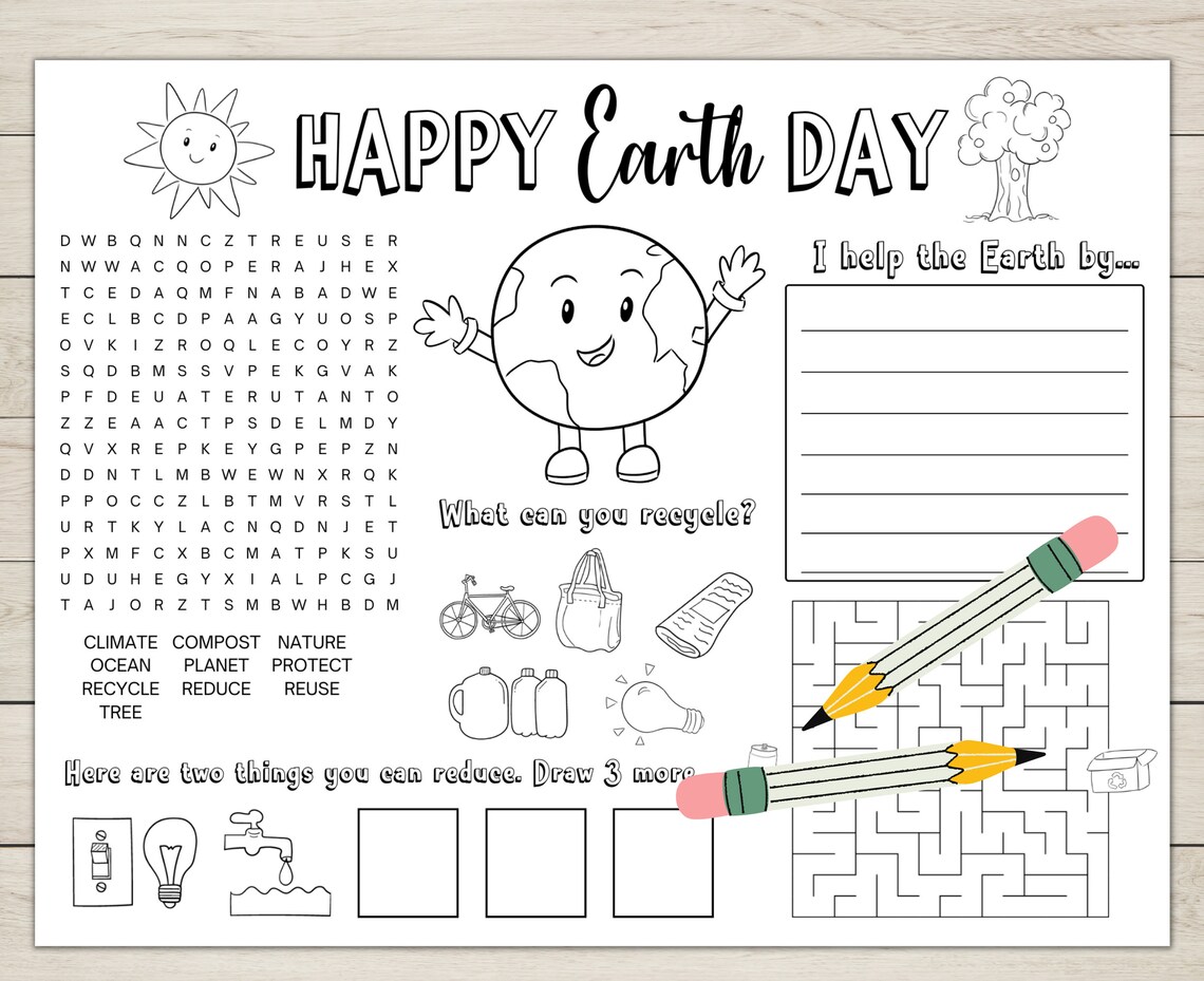 Earth Day Placemat Activities Printable Earth Day Worksheet | Etsy